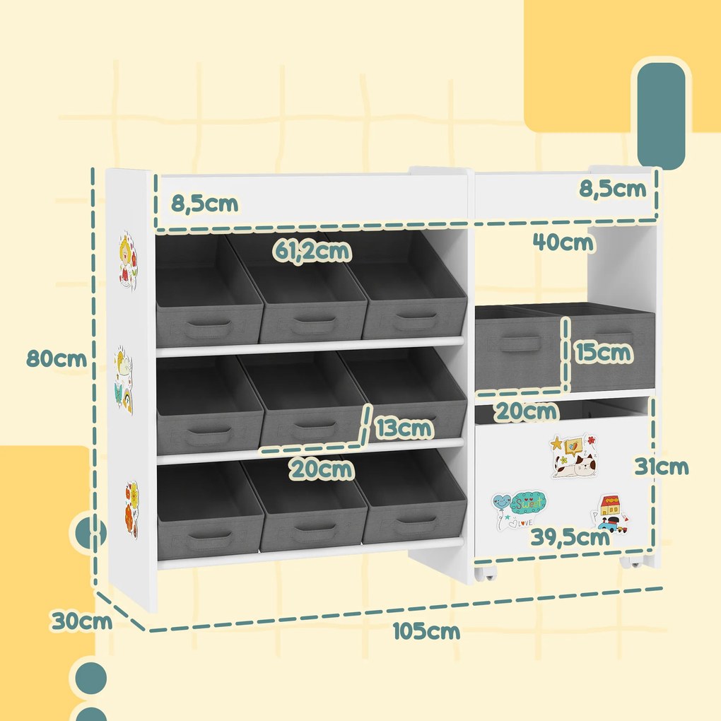AIYAPLAY Úložný regál na hračky pro děti s 11 odnímatelnými koši a samolepkami pro hernu 105x30x80 cm Bílý