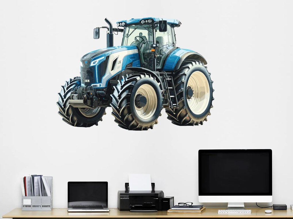 Modrobílý traktor samolepka na zeď arch 75 x 54 cm