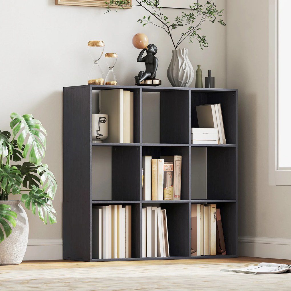 HOMCOM knihovna, třípatrový úložný regál s 9 přihrádkami, do obývacího pokoje, kanceláře nebo ložnice, 91 x 29,5 x 91 cm, šedá