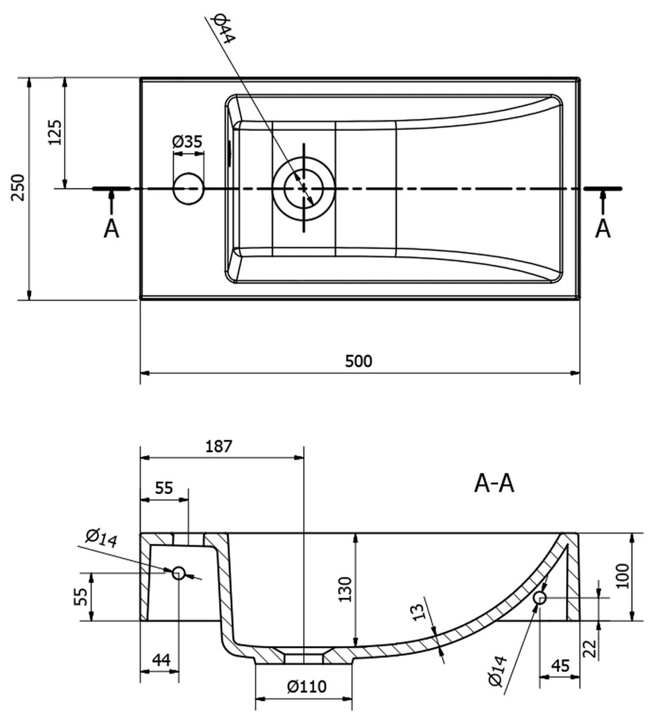 Sapho Sapho, SMALL litý mramor umyvadlo 50x25cm, baterie vlevo, černá matná, SM012B