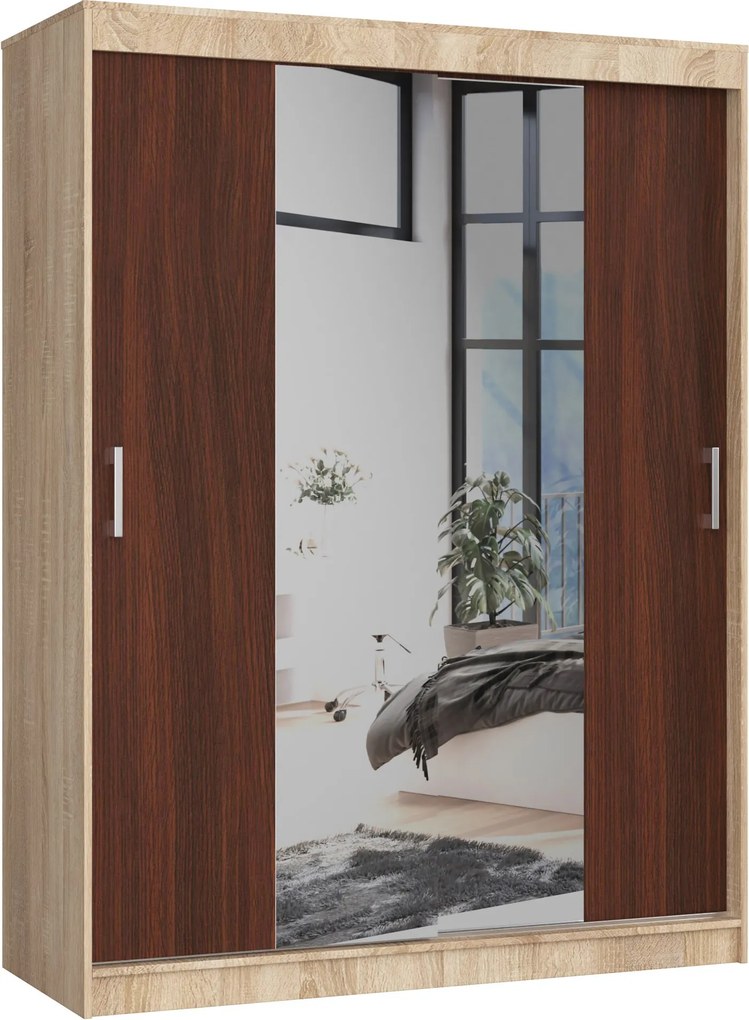 Šatní skříň posuvná se zrcadlem 150 cm dub sonoma/wenge