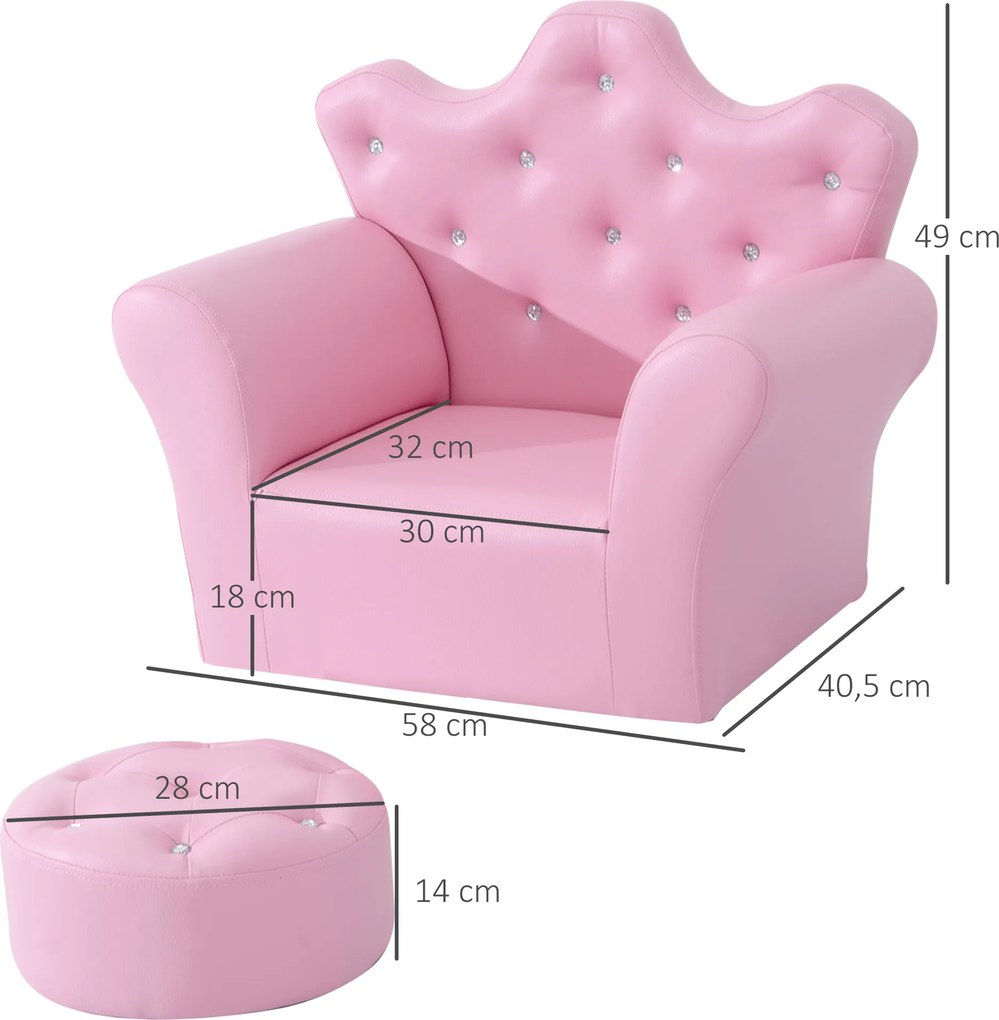 HOMCOM dívčí křeslo měkká pohovka s křišťálovými knoflíky taburet růžový útulný pro děti od 3 let 58x40,5x49cm