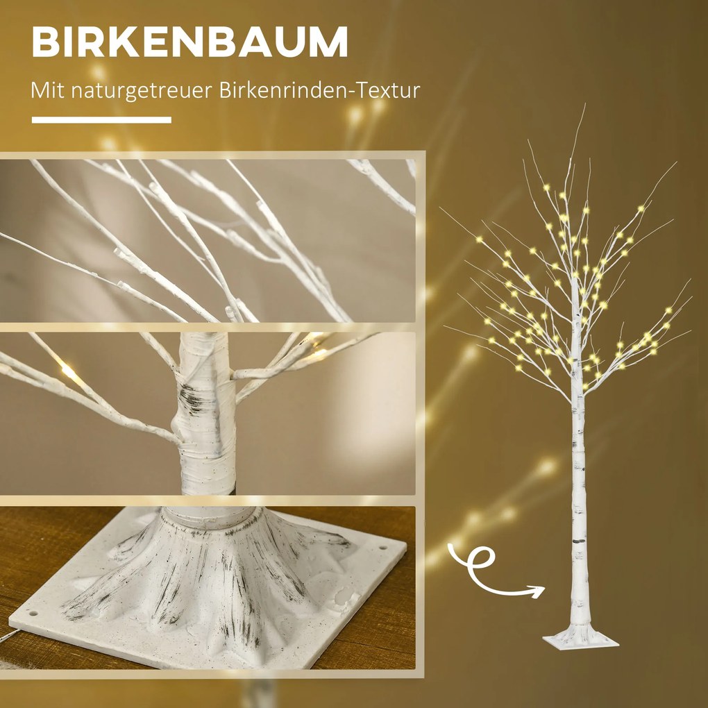 HOMCOM Umělý strom, umělá bříza, s LED osvětlením, teplá bílá, realistická bílá kůra, 22 x 180 cm
