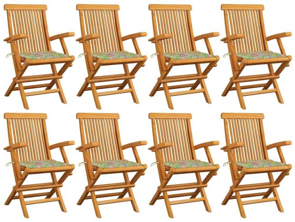 3072901 vidaXL Zahradní židle s poduškami se vzorem listů 8 ks masivní teak