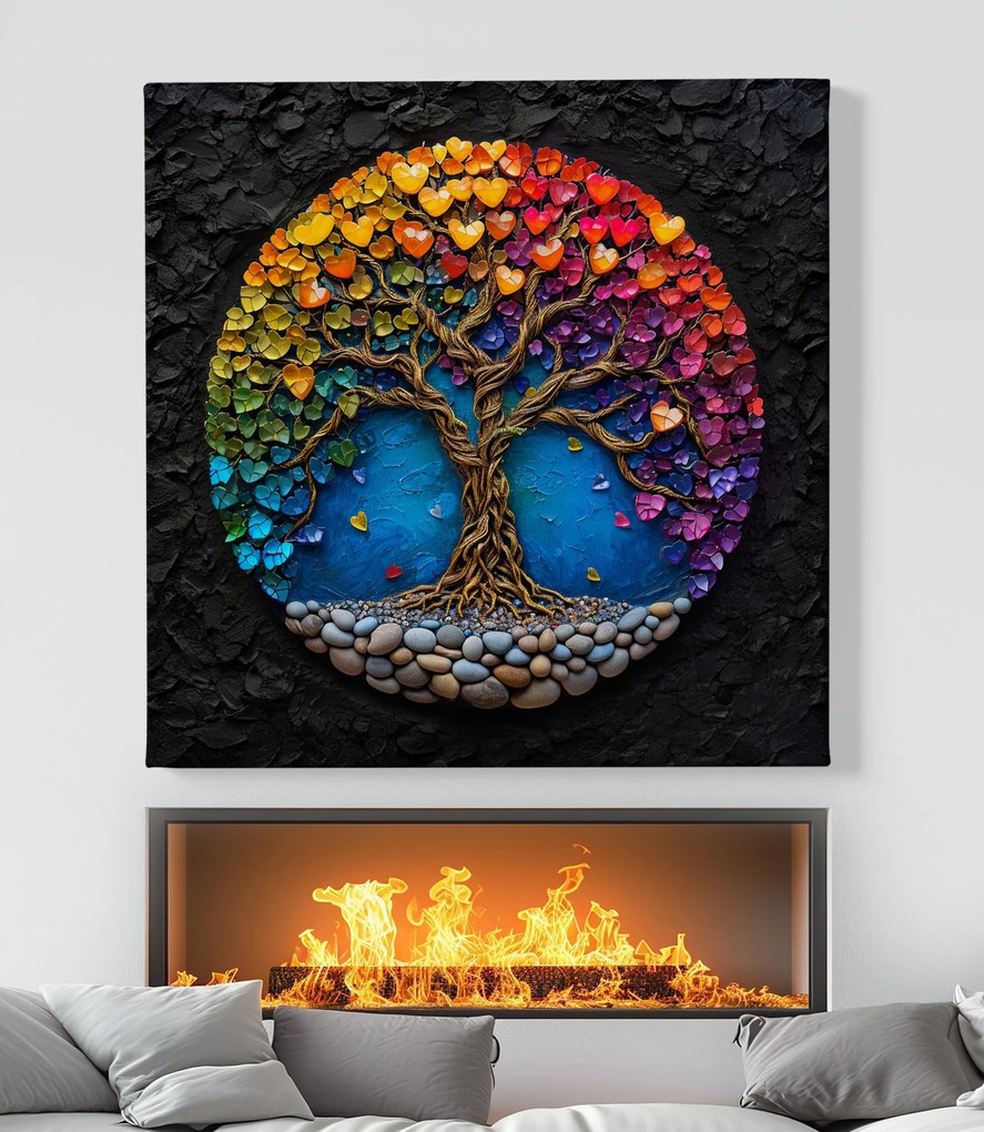 Obraz na plátně - Strom života Barevná srdce FeelHappy.cz Velikost obrazu: 120 x 120 cm