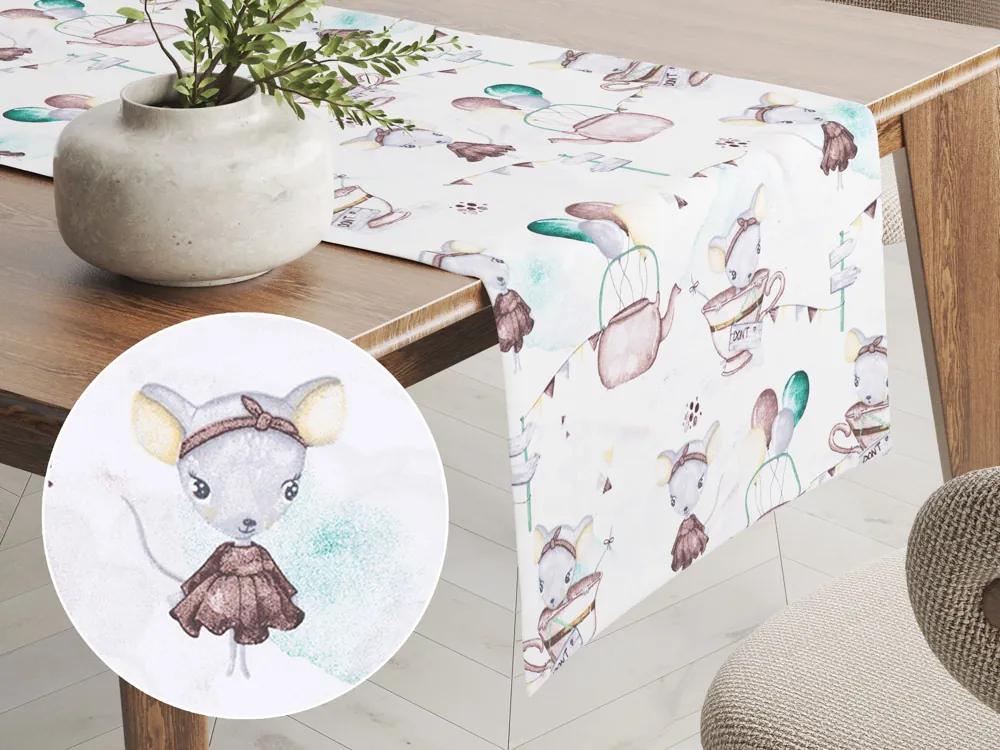 Biante Dětský bavlněný běhoun na stůl Sandra SA-372 Myšky a konvičky na bílém 35x120 cm