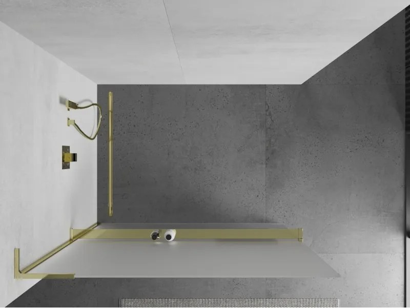 Mexen Kioto+ L, sprchová zástěna Walk-In s poličkou a věšákem 100 x 200 cm, 8mm sklo námraza, zlatý lesklý profil, 800-100-123-50-30