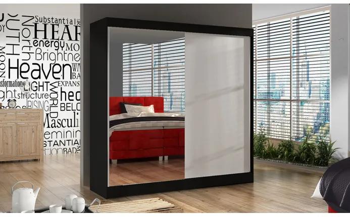 Jednoduchá šatní skříň BULAN I, černá s bílými dveřmi a zrcadlem