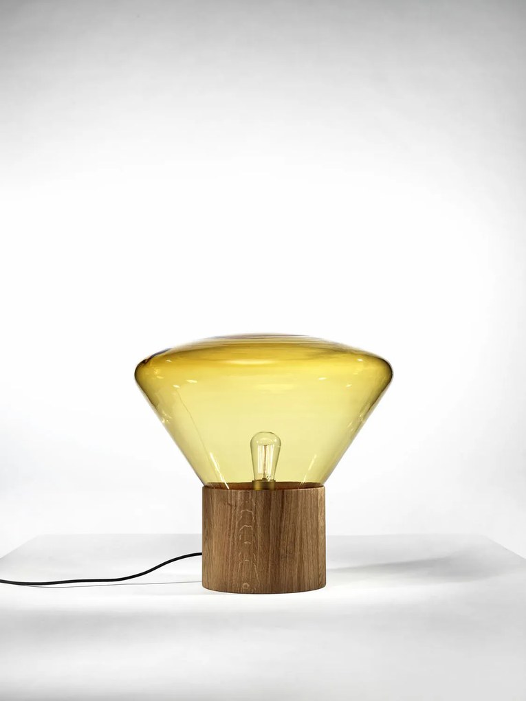 Designová lampa Brokis Muffins Wood PC849 Barva skla: Fialová - transparentní sklo, Barva el. vedení: Textilní kabel -  žlutý, Dřevo: Americký ořech - voskovaný