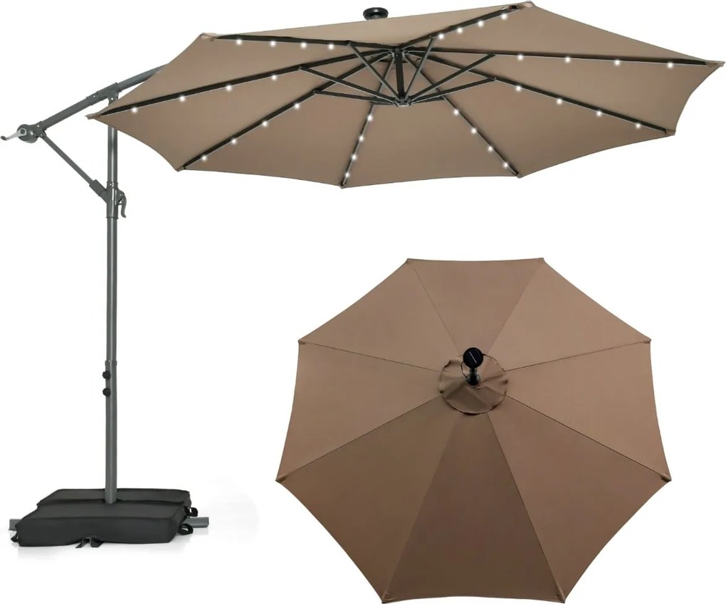 Costway Ø 300 cm konzolový deštník se 40 solárními LED světly a pytli s – hnědý