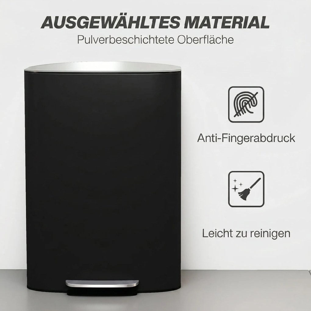 HOMCOM 50 l kuchyňský odpadkový koš se šlapacím pedálem, měkké dovírání a funkce otevření 90° – nerez/černá, 45,1 × 36,5 × 62,6 cm