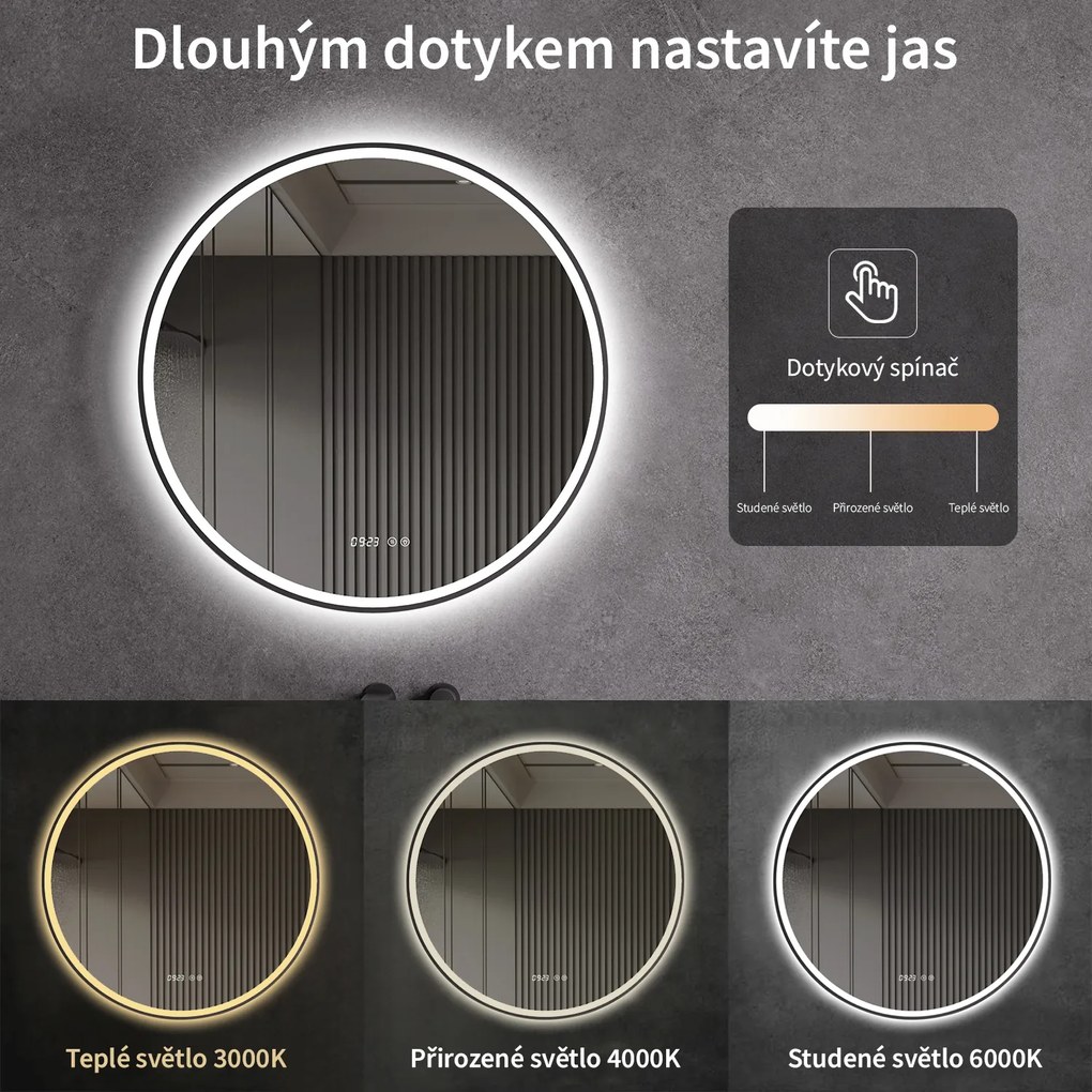 CERANO - Koupelnové LED zrcadlo Rivo, kovový rám - černá matná - Ø 80 cm
