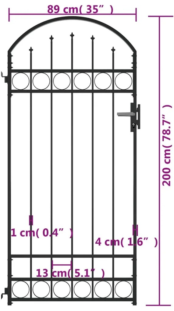 vidaXL Marketos Plotová brána ASSEN s klenutým vrcholem ocelová 89 x 200 cm černá
