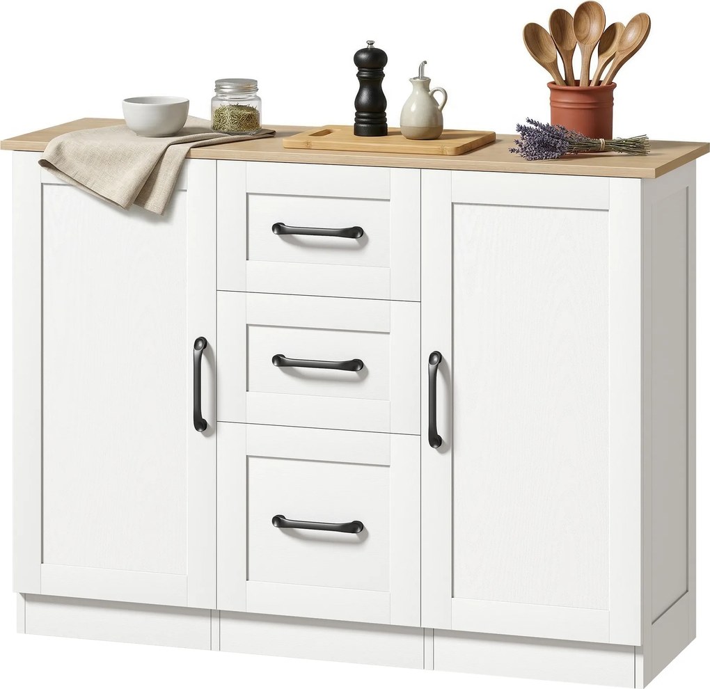 HOMCOM Komoda do obývacího pokoje, úložný nábytek se 2 dvířky s tichým dovíráním a 3 zásuvkami, 110x35x80,4 cm, bílá a přírodní dřevo