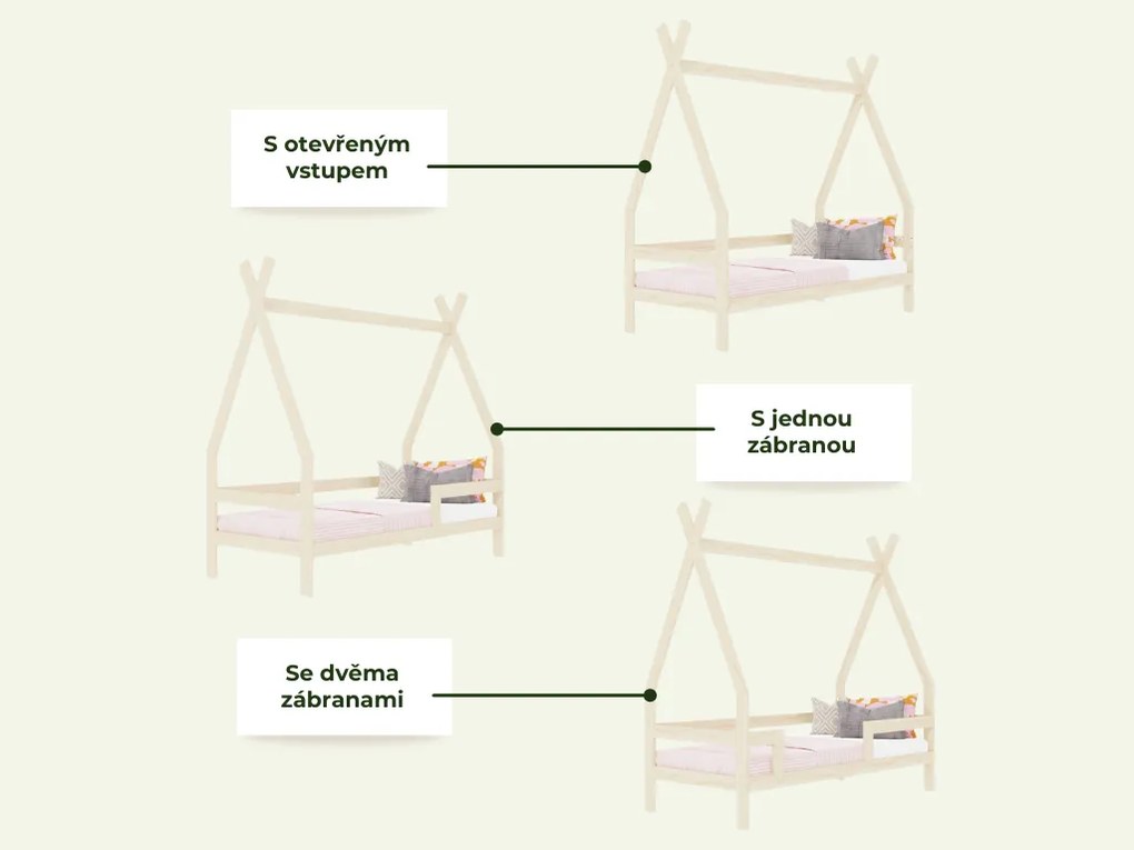 Benlemi Dětská dřevěná postel SAFE 5v1 ve tvaru teepee se zábranou Zvolte barvu: Béžová, Zvolte rozměr: 90x160 cm, Zvolte zábranu: S jednou zábranou