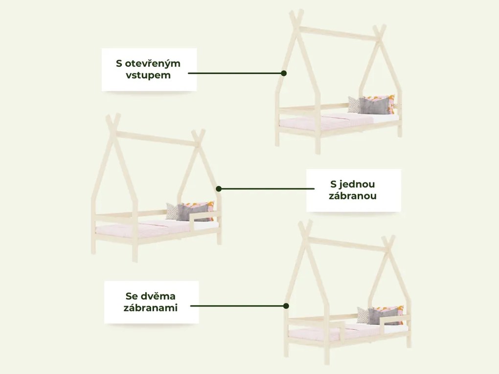 Benlemi Dětská dřevěná postel SAFE 5v1 ve tvaru teepee se zábranou Zvolte barvu: Pastelově růžová, Zvolte rozměr: 90x200 cm, Zvolte zábranu: S otevřeným vstupem