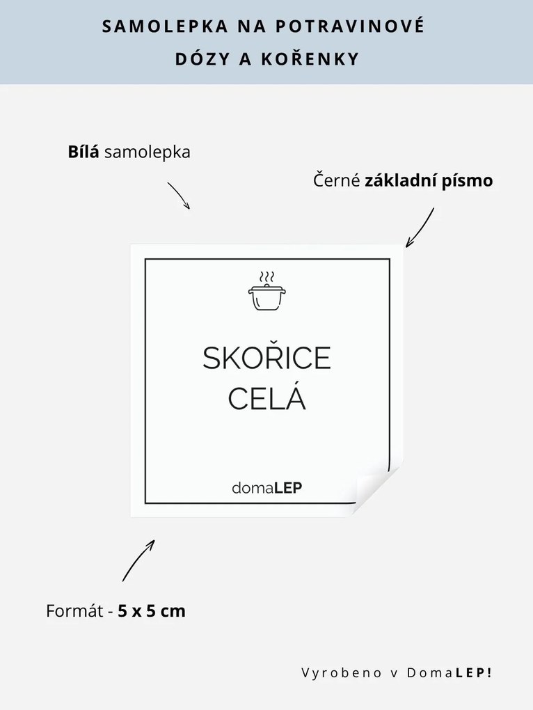 Samolepka na kořenky SKOŘICE CELÁ bílá 5 × 5 cm základní písmo