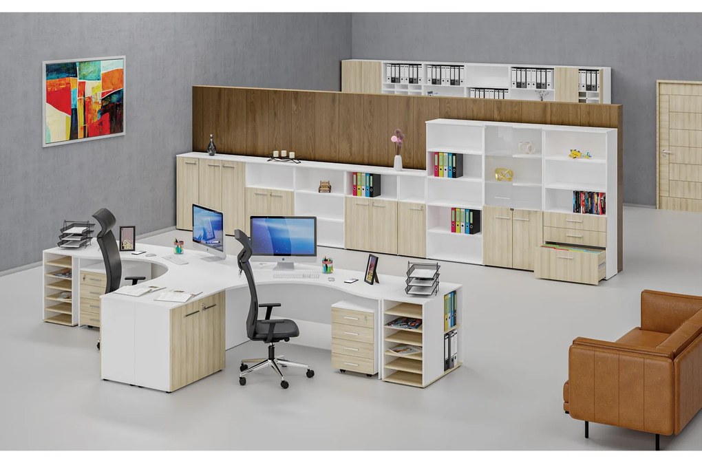 Kombinovaná kancelářská skříň PRIMO WHITE, dveře na 3 patra, 1434 x 800 x 420 mm, bílá/dub přírodní