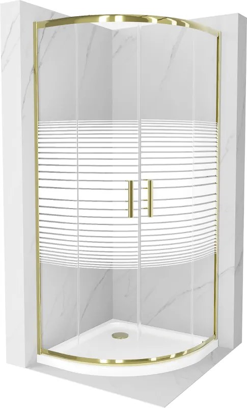 Mexen Rio, čtvrtkruhový sprchový kout 90(dveře)x90(dveře)x190 cm, 5mm čiré sklo s pásky, zlatý profil + bílá sprchová vanička SLIM, 863-090-090-50-20-4110G