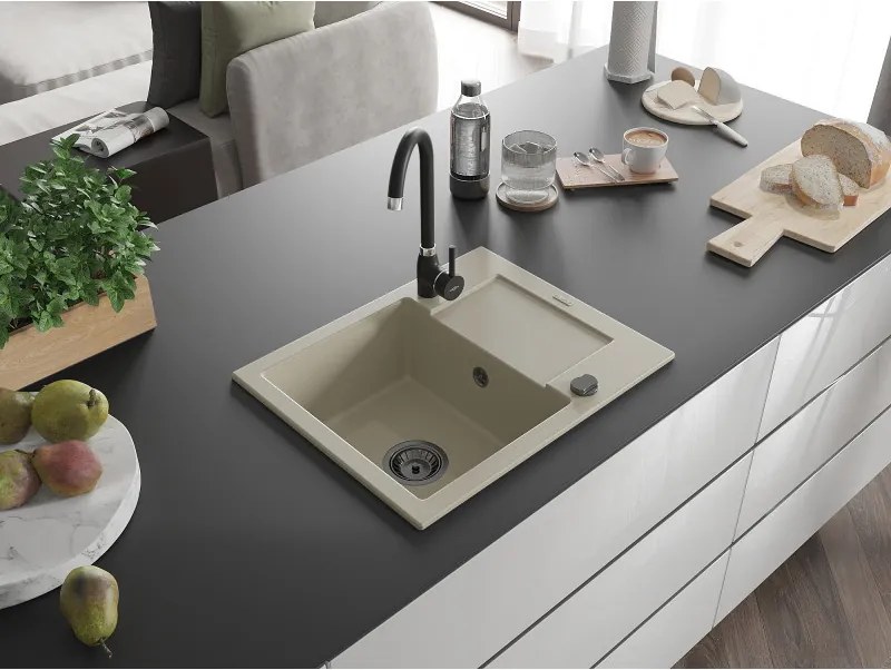 Mexen Enzo, granitový dřez 576x465x174 mm, 1-komorový, béžová s černým sifonem, 6506571005-69-B