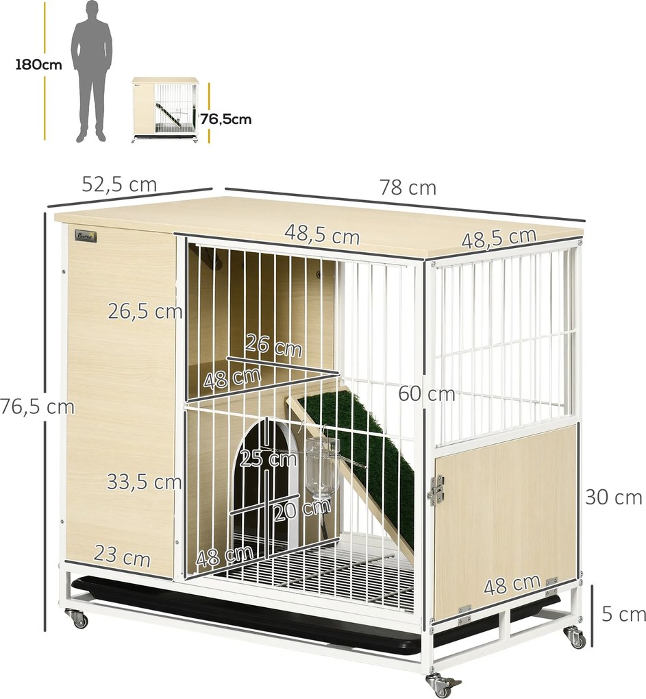 PawHut Klec pro králíky na kolečkách s otevírací střechou, podlážkou a odnímatelným šuplíkem - Přírodní 78 x 52,5 x 76,5 cm
