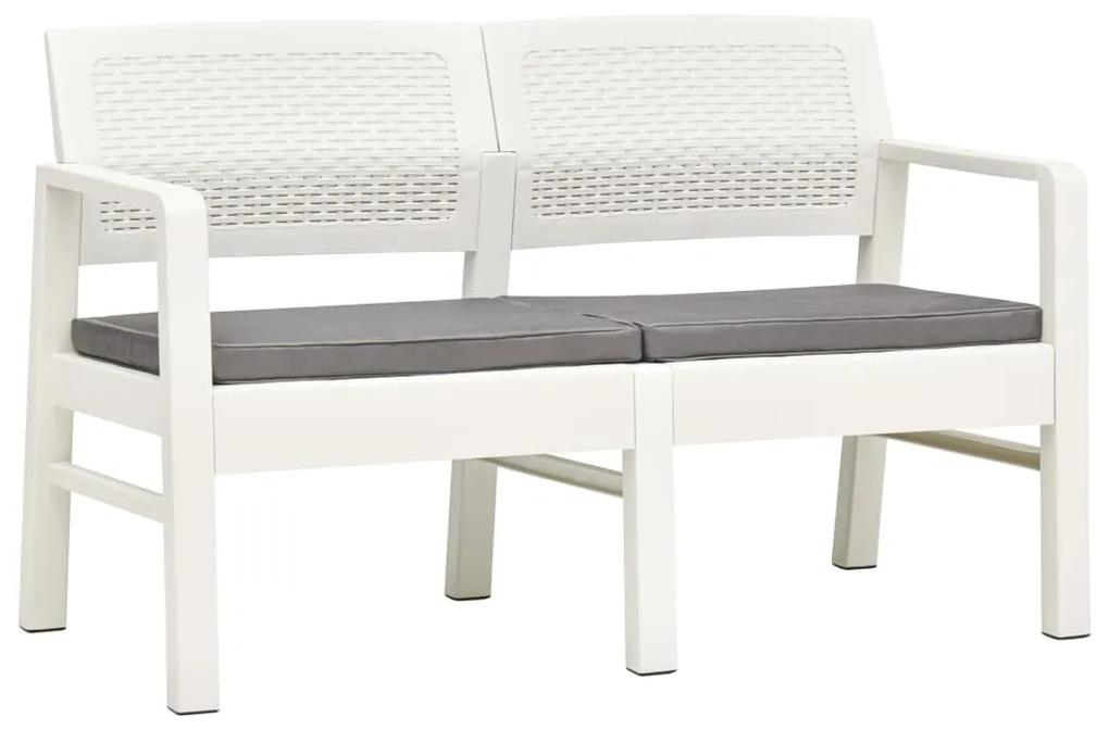 48821 vidaXL 2místná zahradní lavice s poduškami 120 cm plast bílá