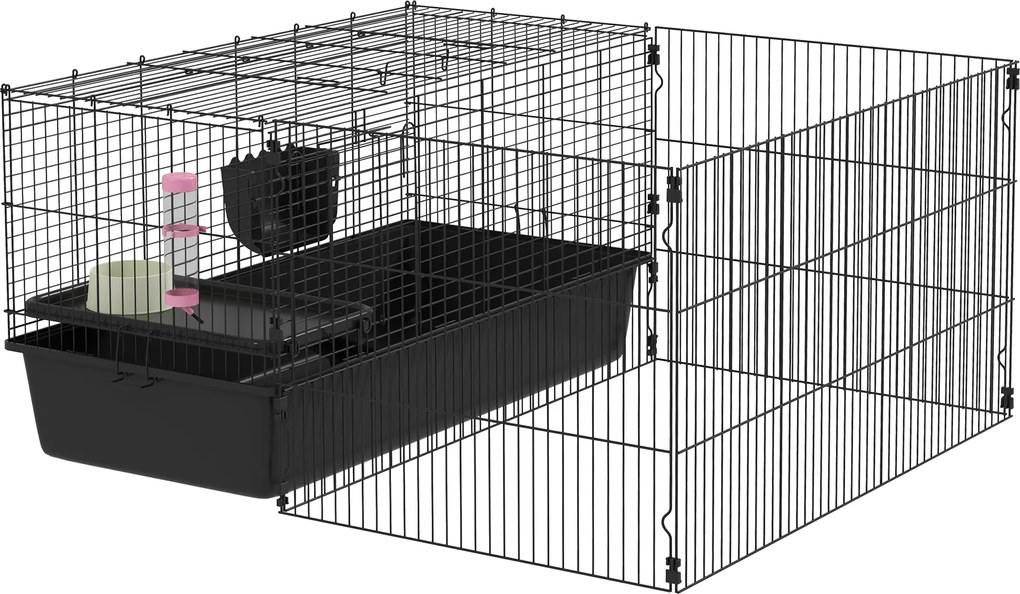 Bouda PawHut pro malá zvířata s výběhem, 112,5L x 99W x 54H cm, s lahví na vodu, krmítkem, miskou na krmení, pro malá zvířata, ocel, černá | Aosom
