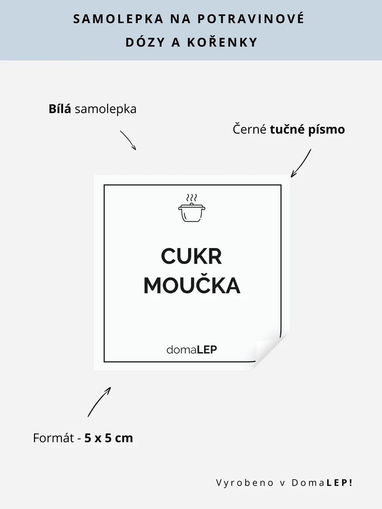 Samolepka na dózu CUKR MOUČKA – bílá, 5 × 5 cm, tučné písmo