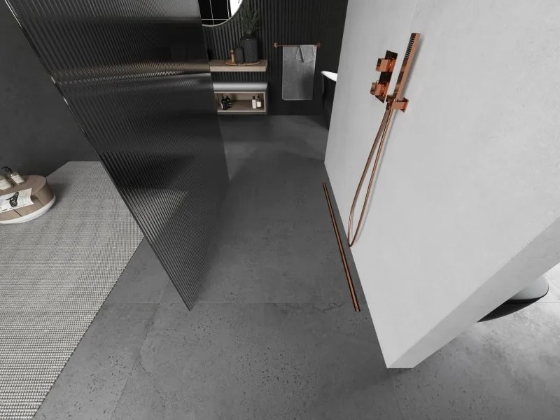 Mexen Kioto, sprchová zástěna Walk-In 110 x 200 cm, 8mm sklo s žebrovým vzorem, měděný matný profil, 800-110-002-65-09