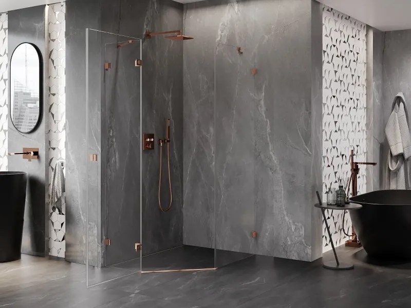 Mexen Lunar, pětiúhelníkový sprchový kout s levým náklonem 90 x 100 cm, 8mm čiré sklo, profil růžové zlato, 831-090L-100P-60-00-L