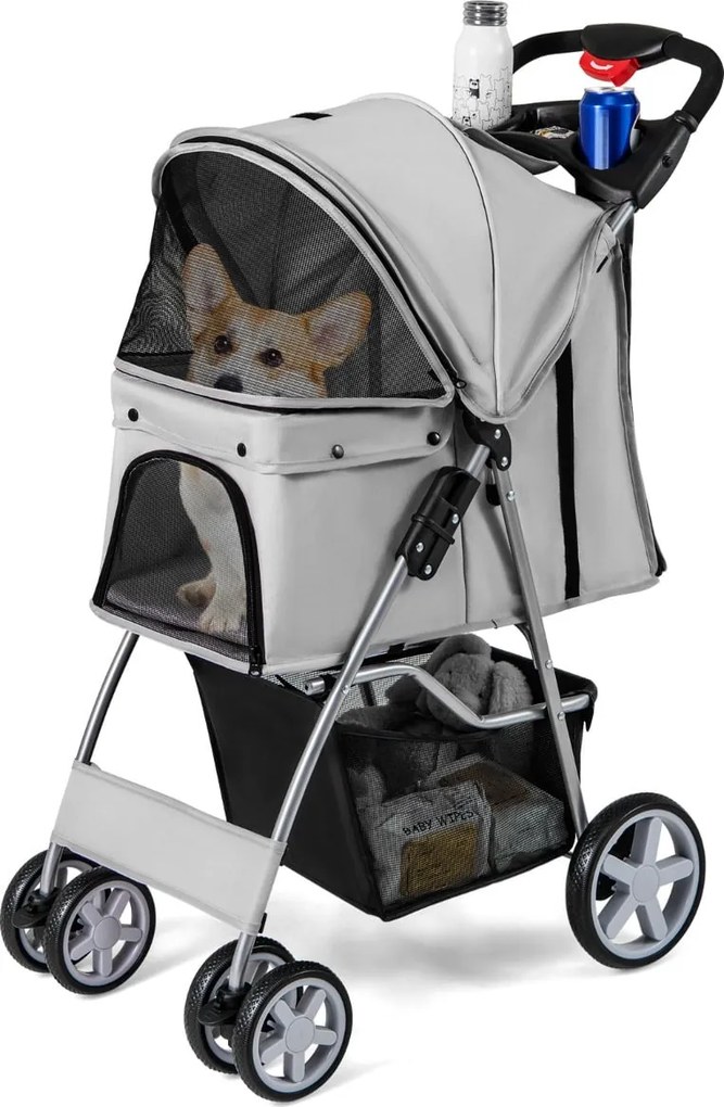 Costway Pet Kočárek Skládací kočárek pro psy s úložným košíkem Držáky na hrnky
