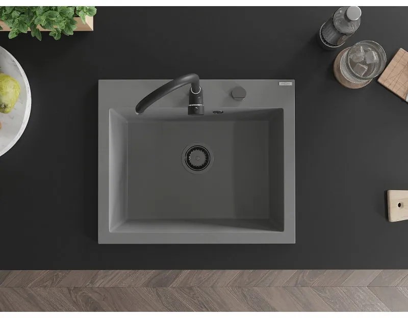 Mexen Elix, 1-komorový granitový dřez 600 x 500 mm, šedý, černý sifon - 6525601005-71-B