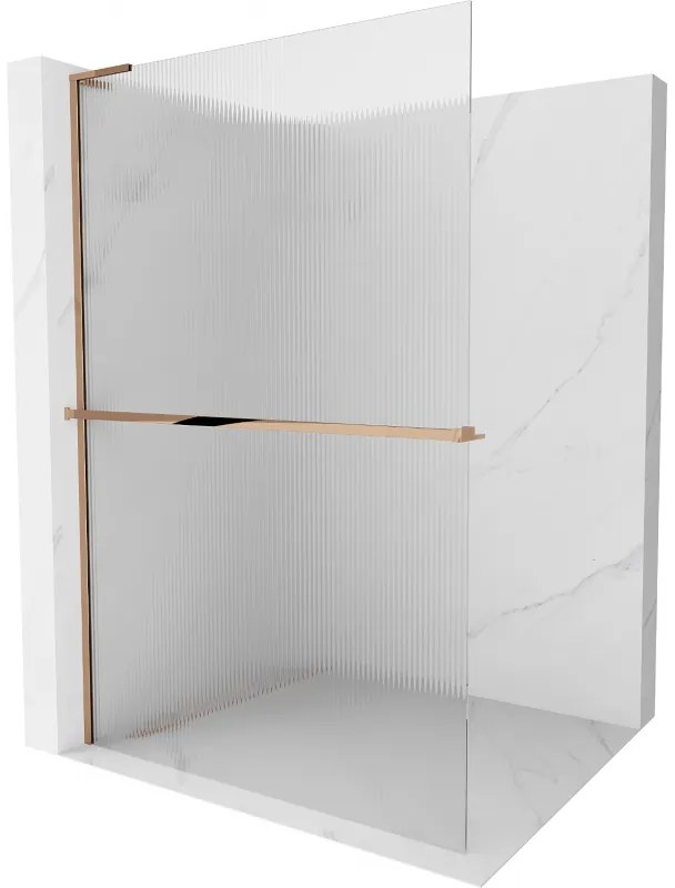 Mexen Kioto+ L, sprchová zástěna Walk-In s poličkou a věšákem 70 x 200 cm, 8mm sklo s žebrovým vzorem, růžové zlato profil, 800-070-123-60-09