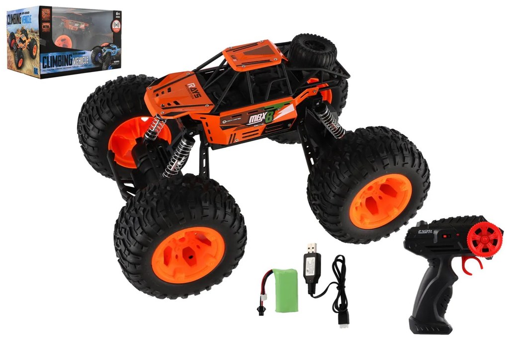 Auto rc off-road terénní 2,4ghz plast 32cm dobíjecí pack+baterie oranžové v krabici 38x23x26cm