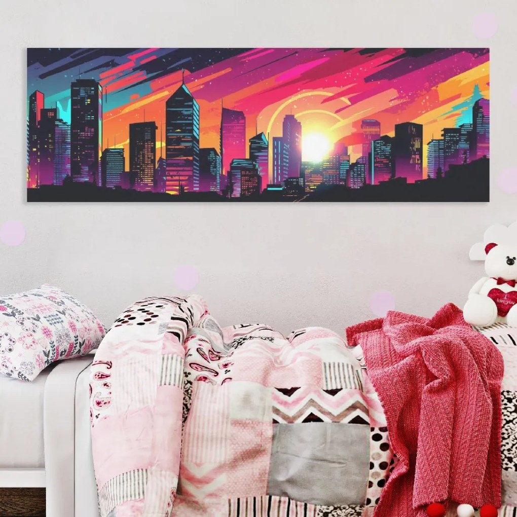 Obraz na plátně - Moderní město s mrakodrapy Pop Art FeelHappy.cz Velikost obrazu: 120 x 40 cm