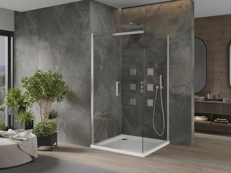 Mexen Omega posuvný sprchový kout 100 x 100 cm, chromový profil, čiré sklo + Slim sprchová vanička, 825-100-100-01-00-4010