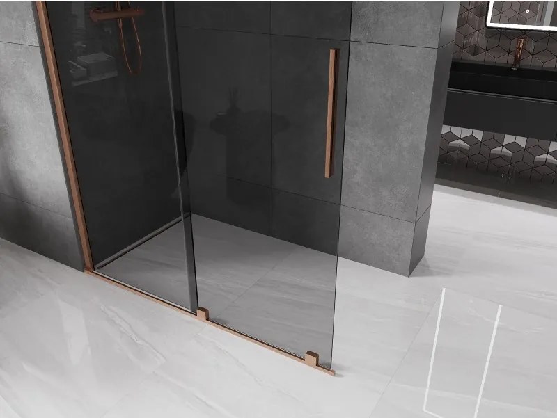 Mexen Velar, sprchová zástěna s posuvnými dveřmi Walk-in 150 x 200 cm, 8mm šedé sklo, měděná matná, 871-150-000-43-65