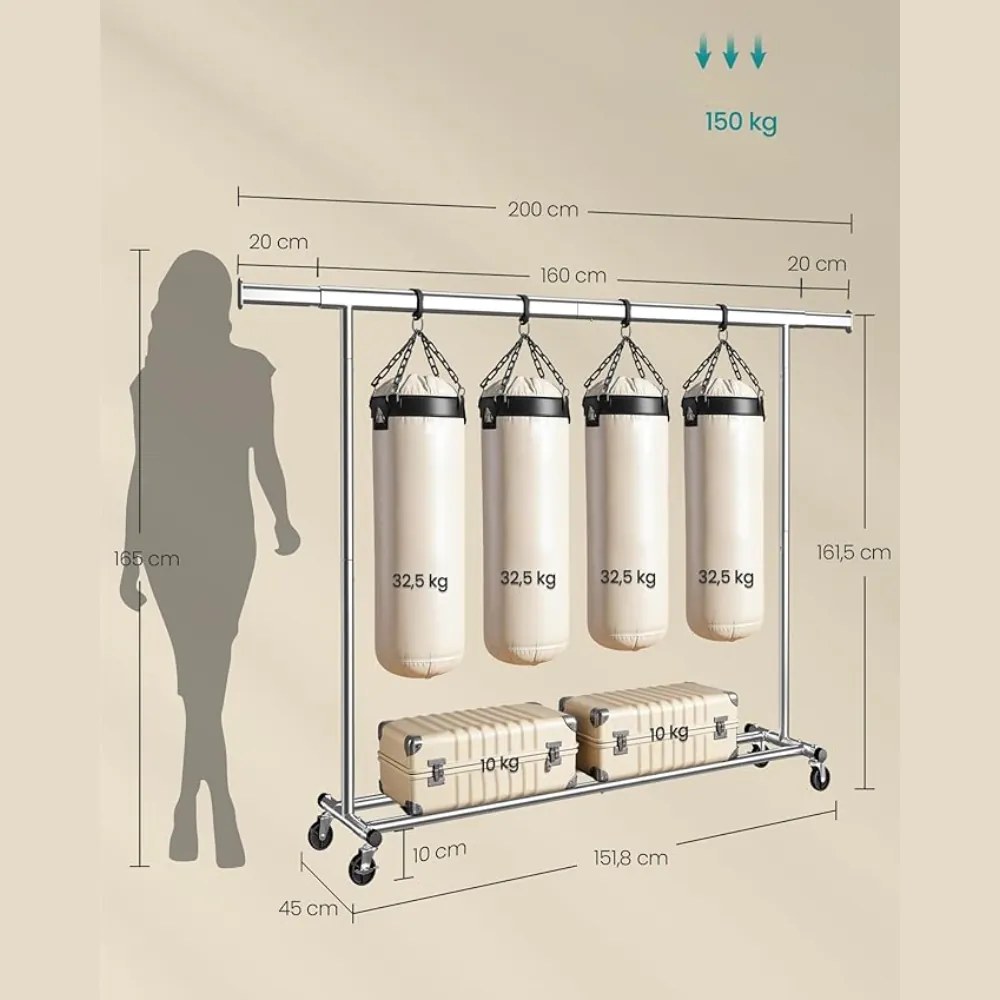 Stojan na oblečení DOLLY na kolečkách, max. 150 kg, 45x160-200x161,5cm, stříbrná SongmicsHome