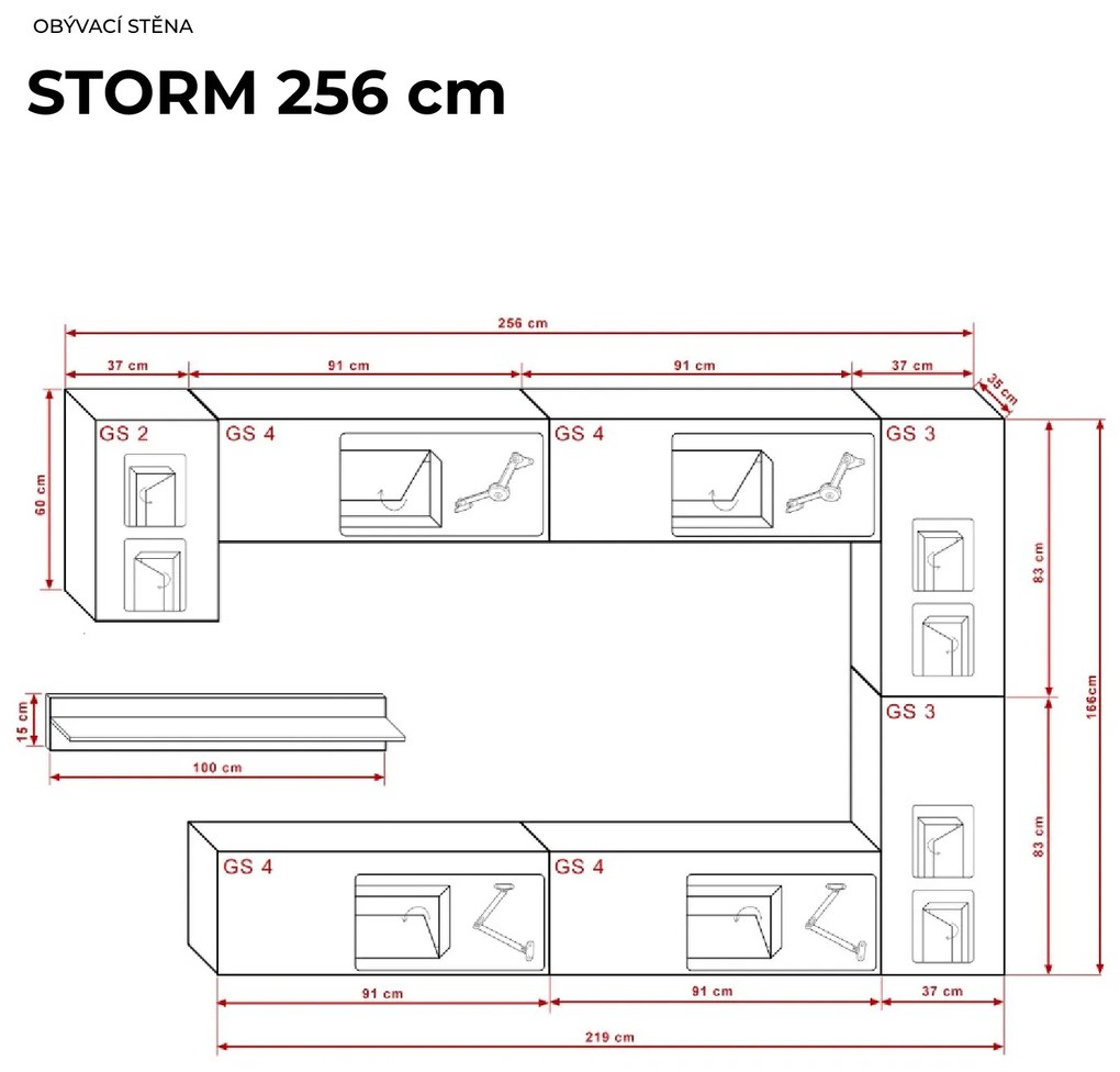 Ral Obývací stěna STORM 256 cm - Bílý lesk + Černá police