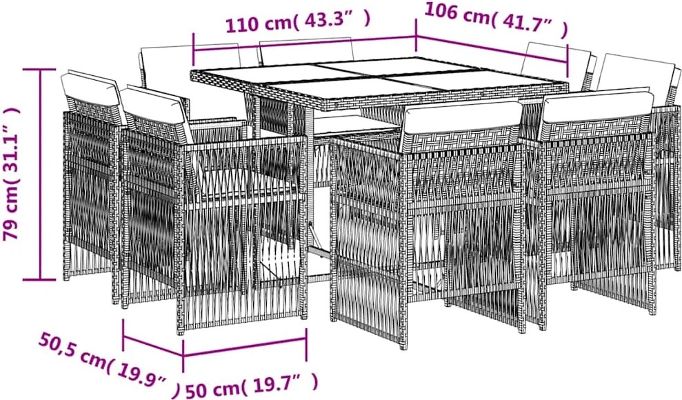 9dílný zahradní jídelní set s poduškami šedý polyratan 3211016