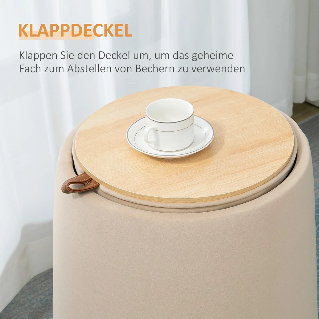 HOMCOM Otoman kulatý s úložným prostorem v béžovém sametovém vzhledu s odnímatelným víkem Ø44cm x 47,5cm jako odkládací stolek