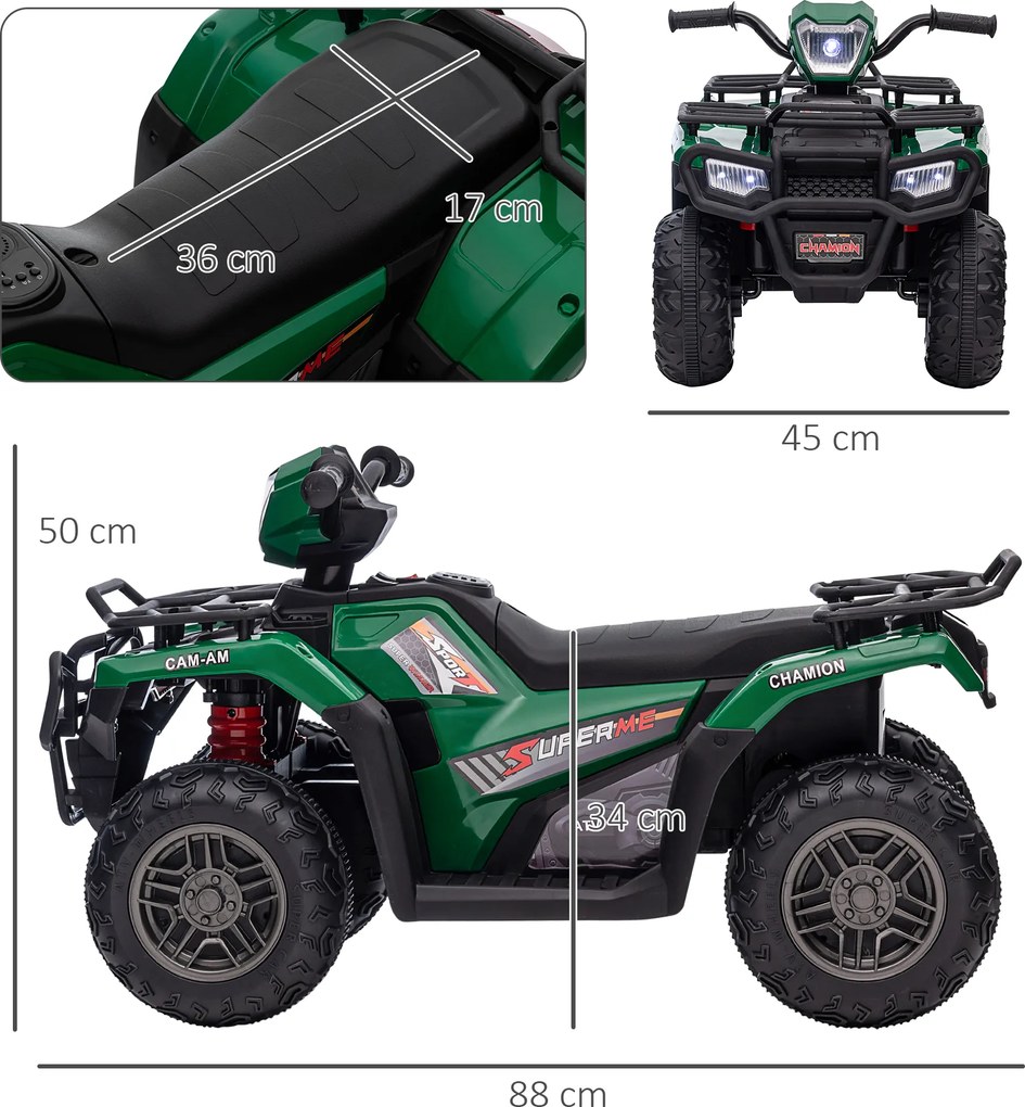 HOMCOM Dětská elektrická čtyřkolka, max. 4 km/h, od 3 let, LED světlomety, hudební připojení, černá+zelená 88 x 45 x 50 cm