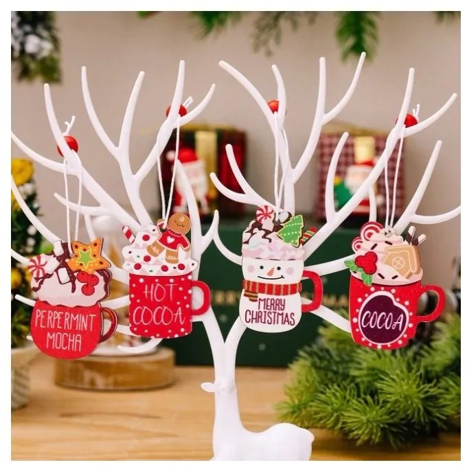 Sada vánočních dřevěných ozdob HOT DRINKS, 12 ks