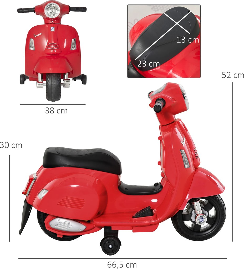 HOMCOM VESPA elektrická motorka dětská motorka elektrické vozidlo 18-36 měsíců 3 km/h LED světlo zvuk PP plast kov červená 66,5 x 38 x 52 cm | Aosom