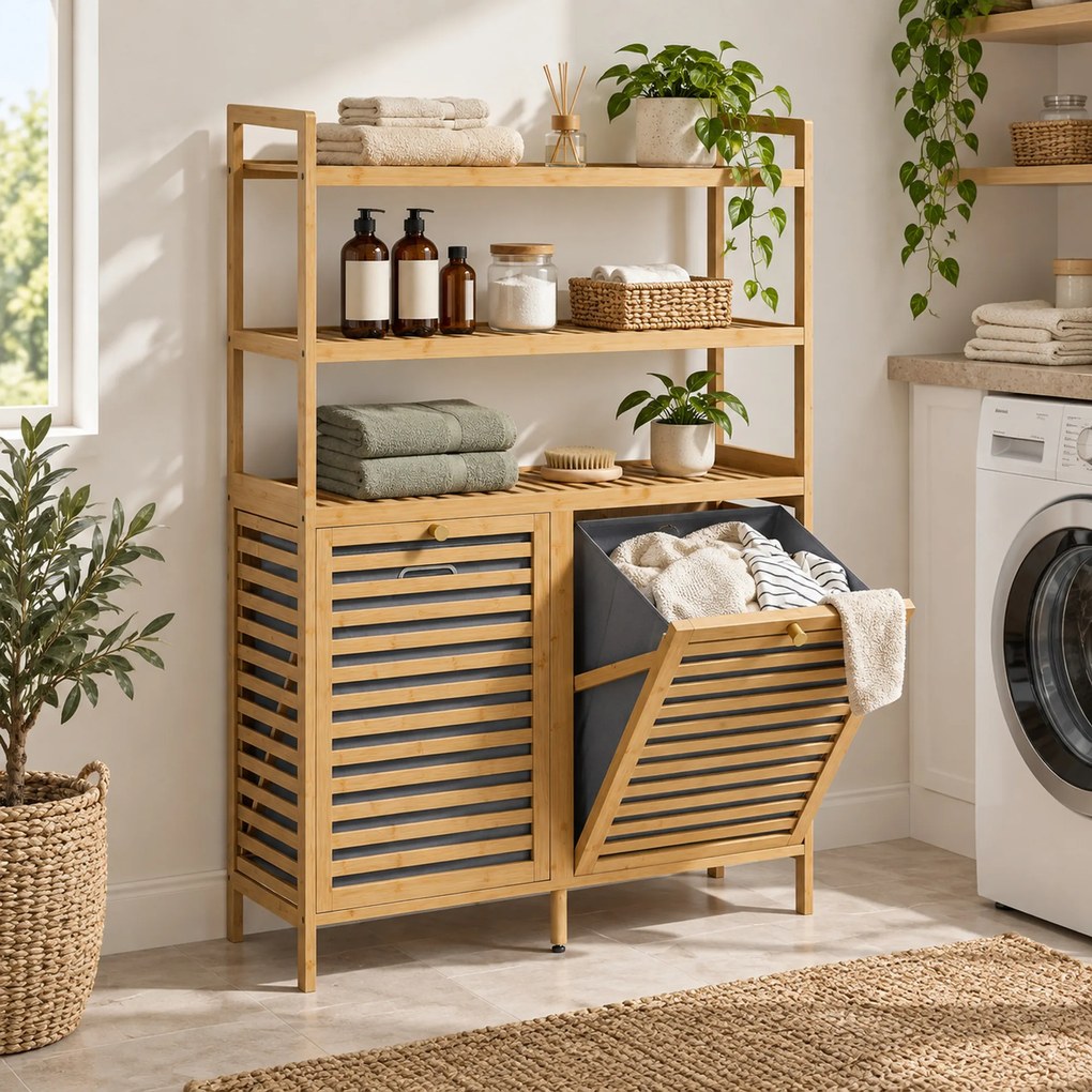 HOMCOM bambusová skříňka do koupelny s koši na prádlo – 3patrové úložiště se 2 odnímatelnými látkovými koši, 80 × 30 × 118 cm, dub