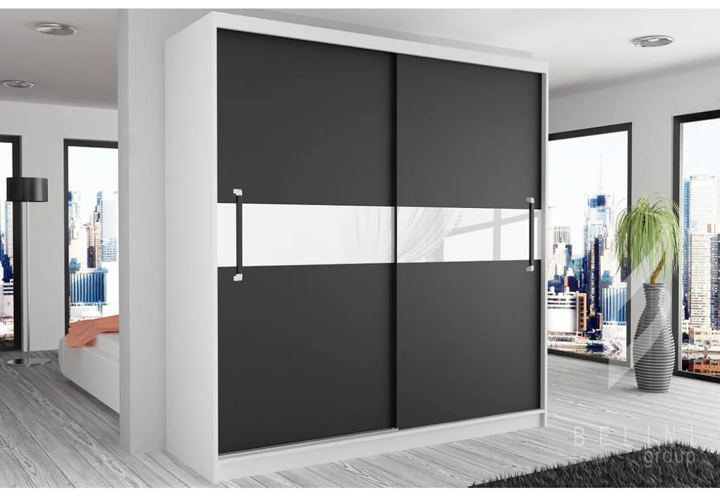 Šatní skříň s posuvnými dveřmi Adonia 200 cm - bílá / černá / bílý