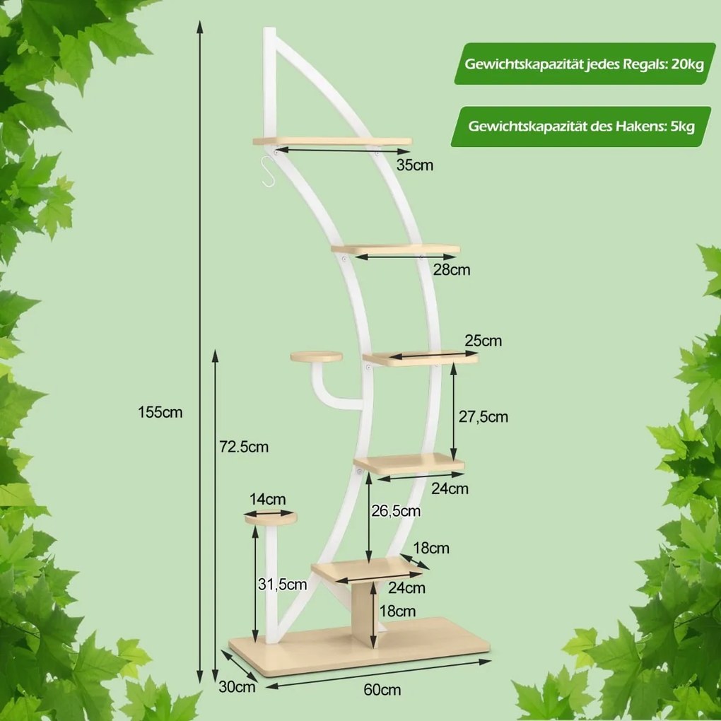 Costway 6 Tier Half Moon kovový stojan na rostliny se 2 malými policemi a háčky