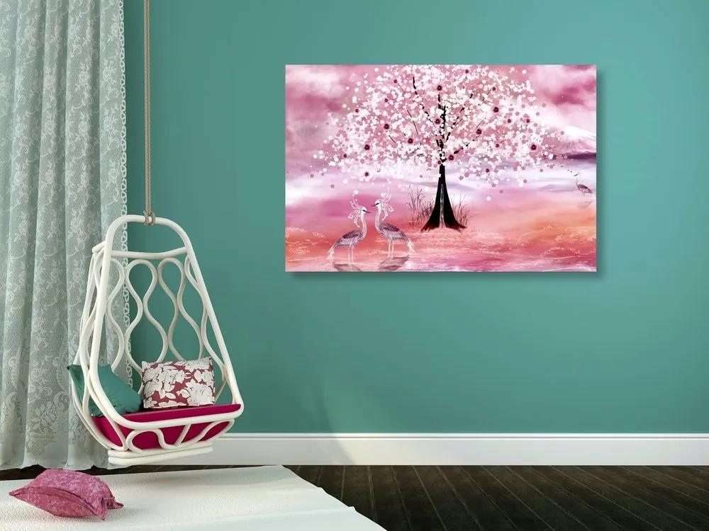 Obraz volavky pod magickým stromem v růžovém provedení - 120x80 cm