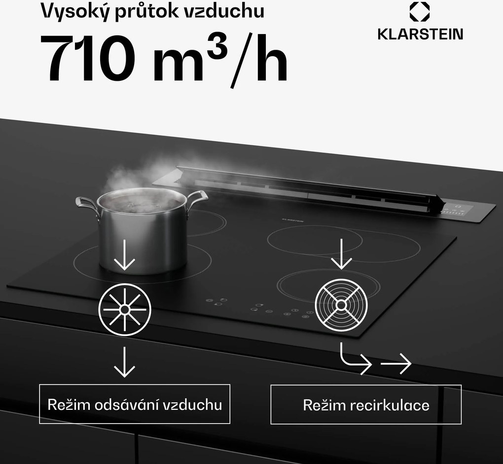 Klarstein Brisa digestoř, výsuvná, 710 m³/h, A+, LED, 42 dB, režim odsávání/recirkulace