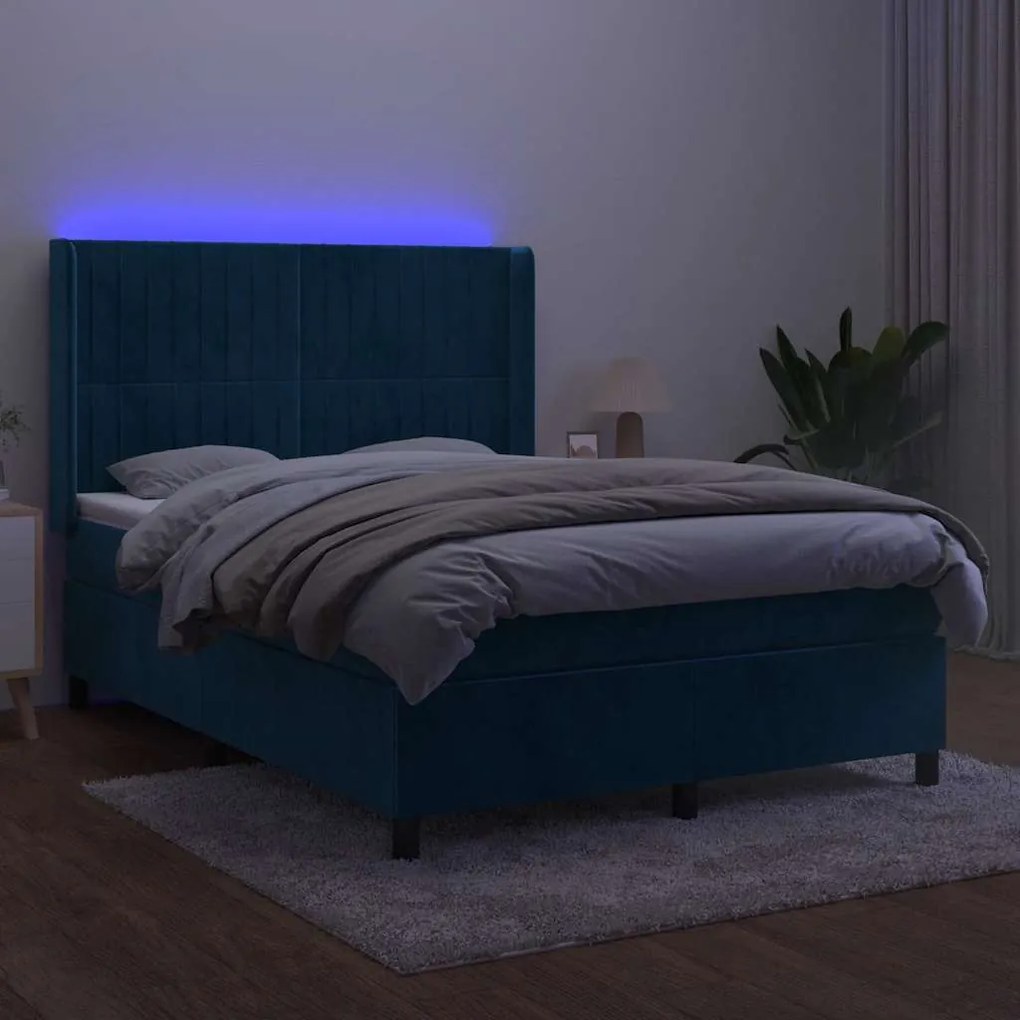 Box spring postel s matrací a LED tmavě modrá 140x190 cm samet 3139683